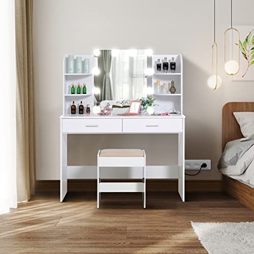 usikey Large Vanity Set with Lighted Mirror & Charging Station, Makeup Vanity Tables with 2 Drawers, 6 Shelves, 10 Embedded Light Bulbs, Vanity Desk with Cushioned Stool for Bedroom, White