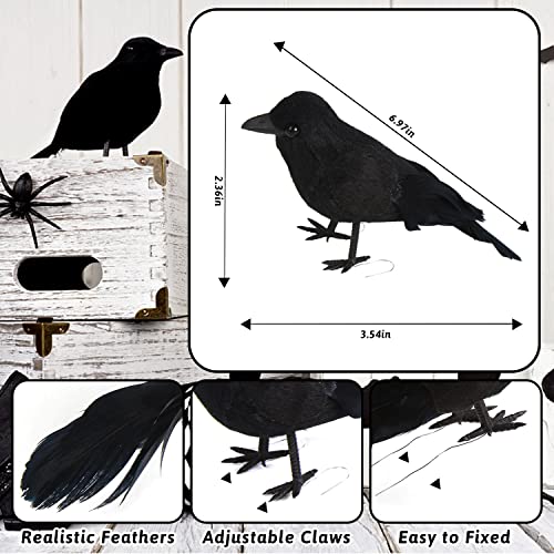 KIMOBER 6PCS Halloween Crows,Realistic Black Feathered Crows Ravens Birds for Halloween Party Indoor Outdoor Decorations