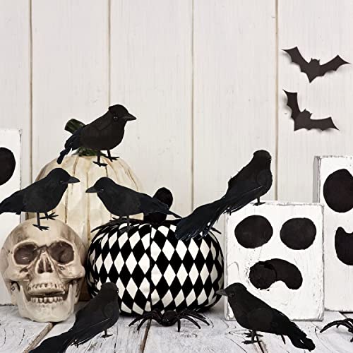 KIMOBER 6PCS Halloween Crows,Realistic Black Feathered Crows Ravens Birds for Halloween Party Indoor Outdoor Decorations