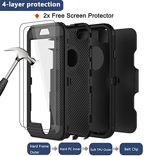 for iPhone 8 Plus Case, iPhone 7 Plus Case with Belt Clip Holster, 2 x Screen Protector, Heavy Duty Military Grade Shockproof Rugged Protective Cover for iPhone 8 Plus/7 Plus (Black)