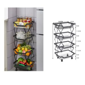 4 layers tier foldable no assembly storage shelves with wheels 13.5’’*10.6’’*29.7’’ free standing metal wire rack heavy duty pantry collapsible organizer for kitchen bedroom bathroom office black