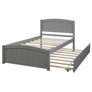 Merax Twin Size Solid Wood Platform Bed with Trundle, Wooden Slats Support, No Box Spring Needed, Easy Assembly, Gray