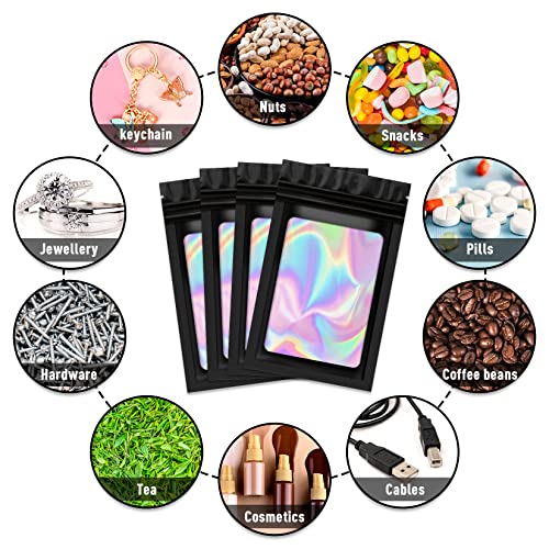 JTIEO 50Pcs Resealable Bags for Food Storage 2.4x3.9Inch Holographic Bags with Clear Window Foil Pouch Packaging Bag Self Sealing Bag for Party Favors, Lipgloss, Jewelry, Candy Black