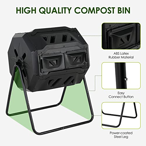 Arlopu Compost Bin, Dual Chamber Tumbling Composter, 43 Gallon Outdoor Garden Rotating Batch Composting Tumbler BPA Free, Large All Season Yard Waste Bins w/Sliding Doors & Aeration System, Black