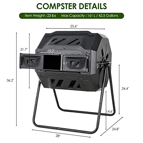 Arlopu Compost Bin, Dual Chamber Tumbling Composter, 43 Gallon Outdoor Garden Rotating Batch Composting Tumbler BPA Free, Large All Season Yard Waste Bins w/Sliding Doors & Aeration System, Black