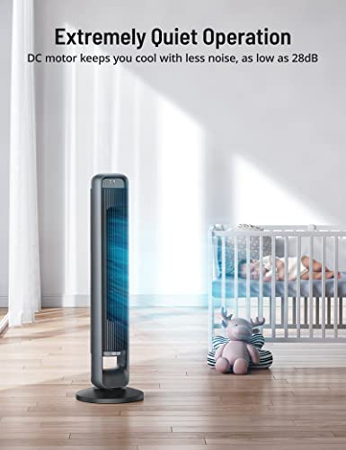 PARIS RHÔNE 42 Inch Tower Fan, 90° Oscillating Fan with DC Motor, 28dB 12 Speeds, 4 Modes, Night Light, 12H Timer, Quiet Cooling Bladeless Fan with Remote for Bedroom Living Room & Office