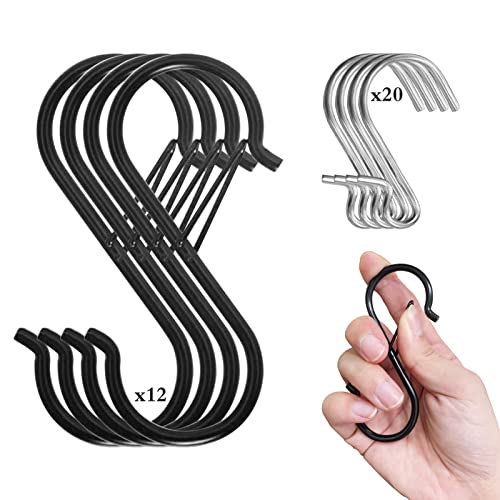 Hooney 32 Pack S Hooks,Heavy Duty Metal S Hooks with Safety Buckle Design,Multipurpose Metal Hooks,for Hanging String Lights,Bird feeders,Plants,Pots and Pans,Bags,Clothes(Black,Silver)