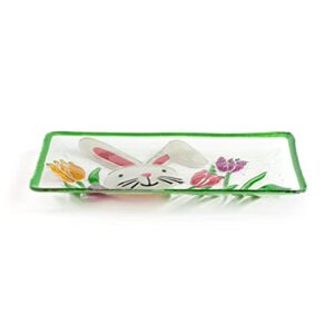 DEMDACO Bunny In Tulips Vibrant Green 15 x 8 Glass Easter Rectangular Platter