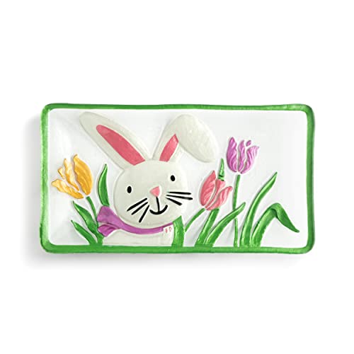 DEMDACO Bunny In Tulips Vibrant Green 15 x 8 Glass Easter Rectangular Platter