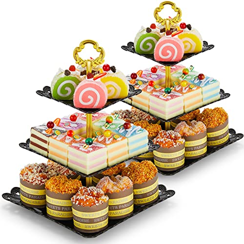 Dessert Table Display Set, Cupcake Stand, Yuugitil Black Gold 3 Tier Serving Tray, Classic Square Cupcake Holder Perfect for Wedding/Engagement Party/Birthday/Baby Shower/Graduation Decorations