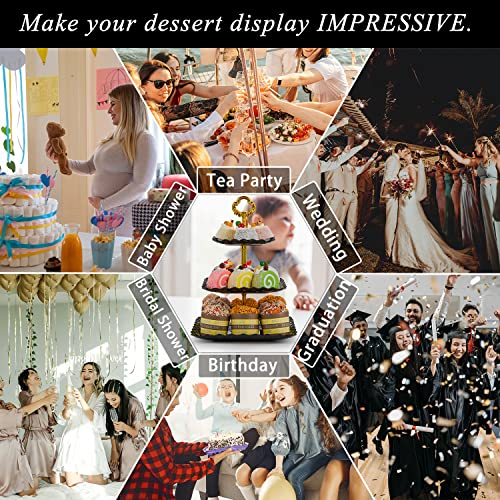 Dessert Table Display Set, Cupcake Stand, Yuugitil Black Gold 3 Tier Serving Tray, Classic Square Cupcake Holder Perfect for Wedding/Engagement Party/Birthday/Baby Shower/Graduation Decorations