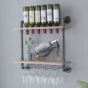 wgx design for you industrial rustic wall mounted wine racks with glass holder pipe hanging wine rack,2-tiers wood shelf floating shelves,home room living room kitchen decor display rack (24inch)