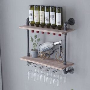 WGX Design For You Industrial Rustic Wall Mounted Wine Racks with Glass Holder Pipe Hanging Wine Rack,2-Tiers Wood Shelf Floating Shelves,Home Room Living Room Kitchen Decor Display Rack (24inch)