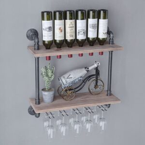 WGX Design For You Industrial Rustic Wall Mounted Wine Racks with Glass Holder Pipe Hanging Wine Rack,2-Tiers Wood Shelf Floating Shelves,Home Room Living Room Kitchen Decor Display Rack (24inch)