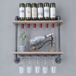 WGX Design For You Industrial Rustic Wall Mounted Wine Racks with Glass Holder Pipe Hanging Wine Rack,2-Tiers Wood Shelf Floating Shelves,Home Room Living Room Kitchen Decor Display Rack (24inch)