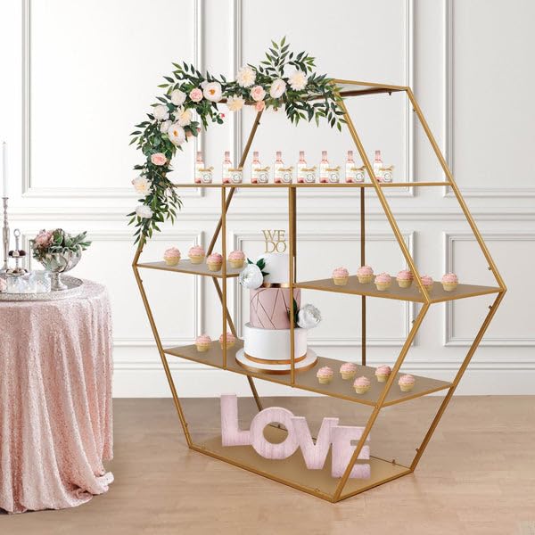 Efavormart 4ft Large Gold Metal Hexagonal Cake Dessert Display Stand, Wedding Arch Backdrop, Balloons Rack, Modern Bookcase