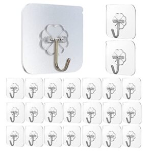 jeetao adhesive hooks for hanging wall hooks 22lbs(max) haning hooks transparent reusable seamless hooks, strong bathroom kitchen hooks,24 pack