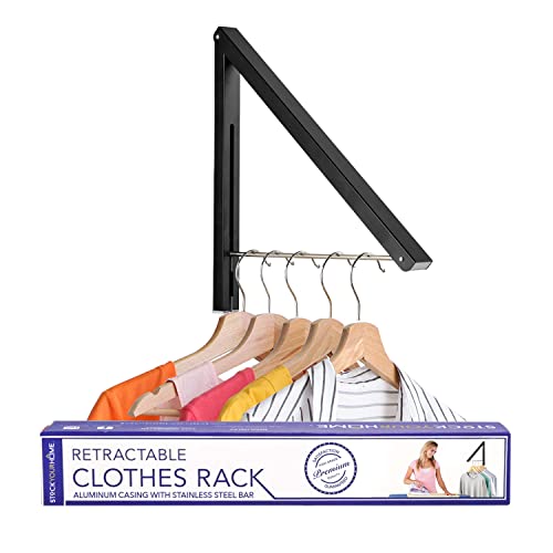 Stock Your Home Single Foldable Clothing Rack, Wall-Mounted Retractable Clothes Hanger for Laundry Dryer Room, Hanging Drying Rod, Small Collapsible Folding Garment Racks, Dorm Accessories (Black)