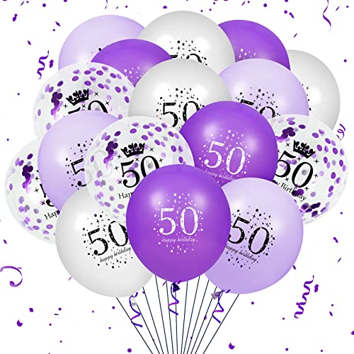 50th Purple Birthday Balloons Decorations, 16 PCS Purple White Confetti Latex Balloons for Women Men Happy Birthday Party Wedding Anniversary Indoor Outdoor Party Supplies,12 Inch