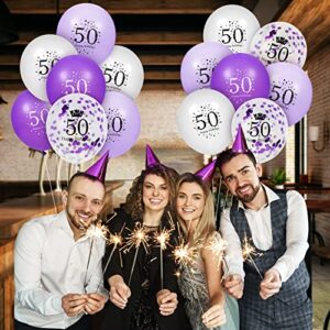 50th Purple Birthday Balloons Decorations, 16 PCS Purple White Confetti Latex Balloons for Women Men Happy Birthday Party Wedding Anniversary Indoor Outdoor Party Supplies,12 Inch