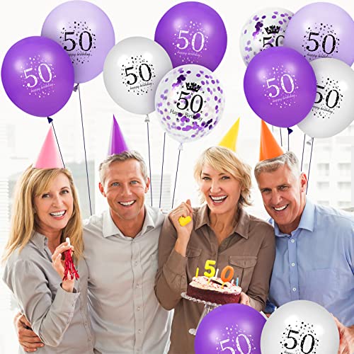 50th Purple Birthday Balloons Decorations, 16 PCS Purple White Confetti Latex Balloons for Women Men Happy Birthday Party Wedding Anniversary Indoor Outdoor Party Supplies,12 Inch