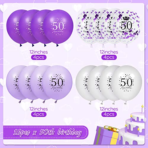 50th Purple Birthday Balloons Decorations, 16 PCS Purple White Confetti Latex Balloons for Women Men Happy Birthday Party Wedding Anniversary Indoor Outdoor Party Supplies,12 Inch