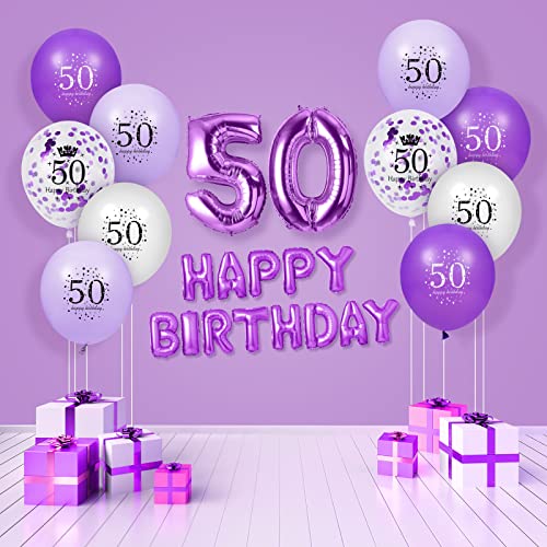 50th Purple Birthday Balloons Decorations, 16 PCS Purple White Confetti Latex Balloons for Women Men Happy Birthday Party Wedding Anniversary Indoor Outdoor Party Supplies,12 Inch