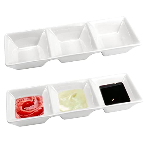 DOERDO 2PCS White Ceramic Serving Platters 3 Compartment Appetizer Serving Trays Snack Dishes, Divided Sauce Dishes for Restaurant Kitchen Spices Vinegar Nuts, 8 x 2.6 inch