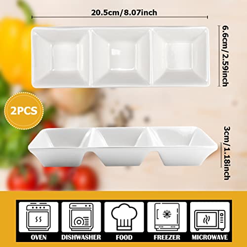 DOERDO 2PCS White Ceramic Serving Platters 3 Compartment Appetizer Serving Trays Snack Dishes, Divided Sauce Dishes for Restaurant Kitchen Spices Vinegar Nuts, 8 x 2.6 inch