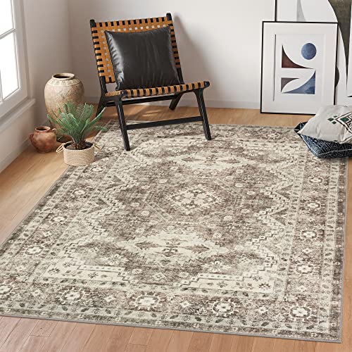 Rugland Stain Resistant Washable Rug, Anti Slip Backing Rugs for Living Room, Boho Vintage Tribal Area Rugs (TPR07-Ivory, 8'x10')