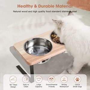 Siooko Elevated Cat Bowls, 15° Tilted Raised Cat Food Bowls Wood Pet Bowls with Stand Anti Vomiting 2 Stainless Steel Bowls for Cats and Puppy