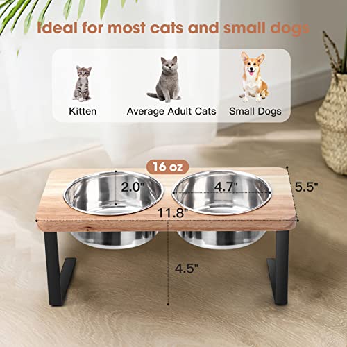 Siooko Elevated Cat Bowls, 15° Tilted Raised Cat Food Bowls Wood Pet Bowls with Stand Anti Vomiting 2 Stainless Steel Bowls for Cats and Puppy