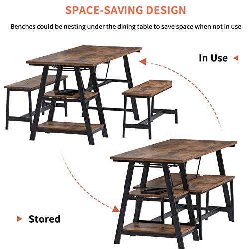 SogesHome 55’’ Kitchen Table Sets, 3-Piece Dining Room Table and Benches for 4, Breakfast Lunch Table with Wine Rack and Glass Holder for Kitchen, Living-Room, Small Space, Vintage Brown