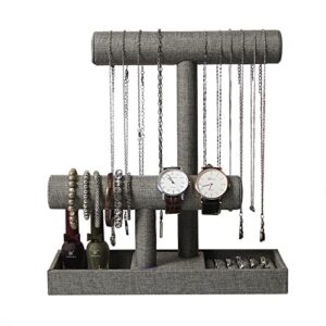 coward 2 tier necklace bracelet holder organizer with ring tray jewelry display stand for watch scrunchie (lightgray)