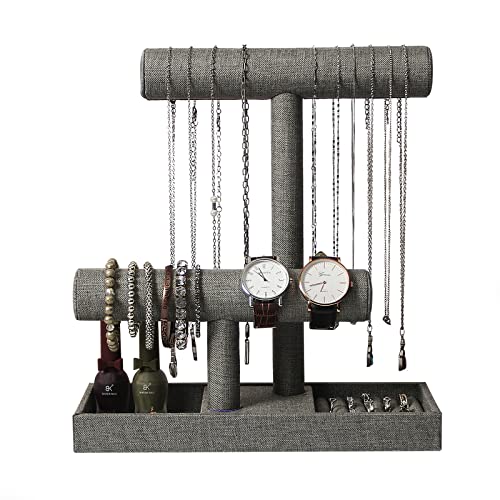 Coward 2 Tier Necklace Bracelet Holder Organizer with Ring Tray Jewelry Display Stand for Watch Scrunchie (LightGray)