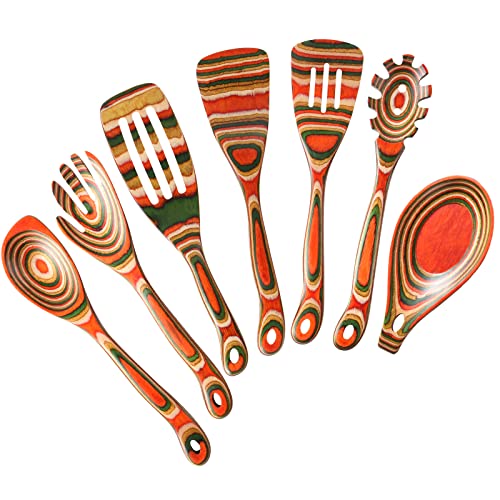 Kitchen Utensils Set for Cooking, NAYAHOSE 7 Pcs Pakkawood Wooden Cooking Spoons & Spatulas with Spoon Rest, Safe for Non-Stick Cookware, Housewarming Kitchen Gift