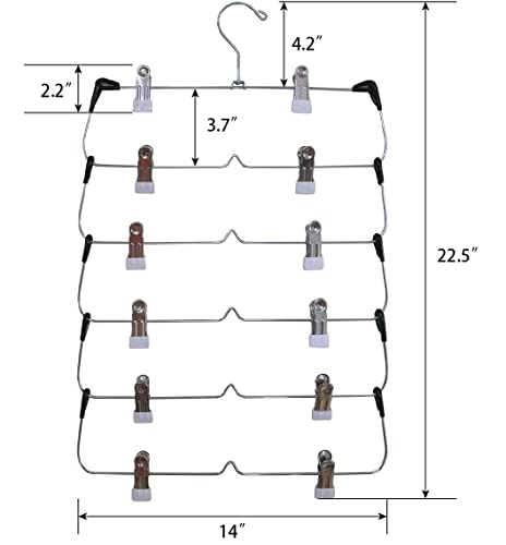 Pant Hangers Space Saving, Homa Jia 4 Pack 6-Tier Skirt Hangers with Clip Multiple Hangers in one Clothes Hangers with Clips Skirts Hangers for Closet Bottom Hangers Metal Pants Hangers with Clips