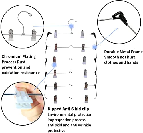 Pant Hangers Space Saving, Homa Jia 4 Pack 6-Tier Skirt Hangers with Clip Multiple Hangers in one Clothes Hangers with Clips Skirts Hangers for Closet Bottom Hangers Metal Pants Hangers with Clips