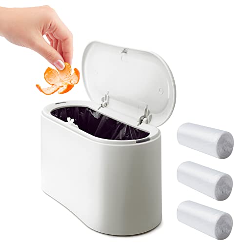 Business King Mini Desk Trash Can with Lid with 90 Pcs Trash Bag, Lint Bin 0.5 Gallon Countertop Waste Bin for Table Tiny Garbage Can for Office Bedroom (White)