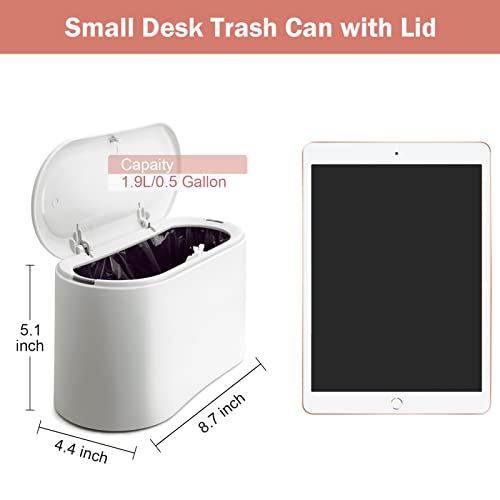 Business King Mini Desk Trash Can with Lid with 90 Pcs Trash Bag, Lint Bin 0.5 Gallon Countertop Waste Bin for Table Tiny Garbage Can for Office Bedroom (White)