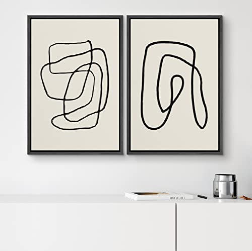 SIGNWIN Framed Wall Art Print Set Black Lines Over Tan Plain Background Abstract Swirly Cozy Neutral Modern Art Mid-Century Modern Expressive for Living Room, Bedroom, Office - 24"x36"x2 Black