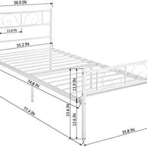 Twin Bed Frames White with Storage for Girls Boys Adults, No Box Spring Needed Single Platform Bed Duty Metal Slats Support Mattress Foundation with Headboard