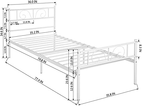 Twin Bed Frames White with Storage for Girls Boys Adults, No Box Spring Needed Single Platform Bed Duty Metal Slats Support Mattress Foundation with Headboard