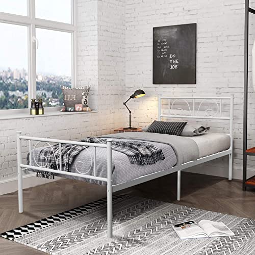 Twin Bed Frames White with Storage for Girls Boys Adults, No Box Spring Needed Single Platform Bed Duty Metal Slats Support Mattress Foundation with Headboard