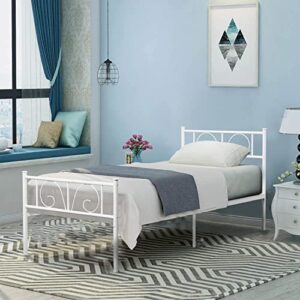 Twin Bed Frames White with Storage for Girls Boys Adults, No Box Spring Needed Single Platform Bed Duty Metal Slats Support Mattress Foundation with Headboard