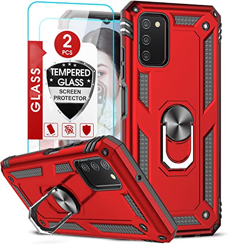 LeYi for Samsung Galaxy A03S Case, Galaxy A03S Phone Case with [2 Pack] Tempered Glass Screen Protector, [Military-Grade] Magnetic Ring Kickstand Phone Case for Samsung Galaxy A03S (6.5 Inch), Red