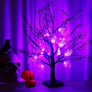 kimober 24 purple led lighted halloween tree,battery operated light up black birch tree with skeleton hand spider ornaments for halloween party,home desktop decorations