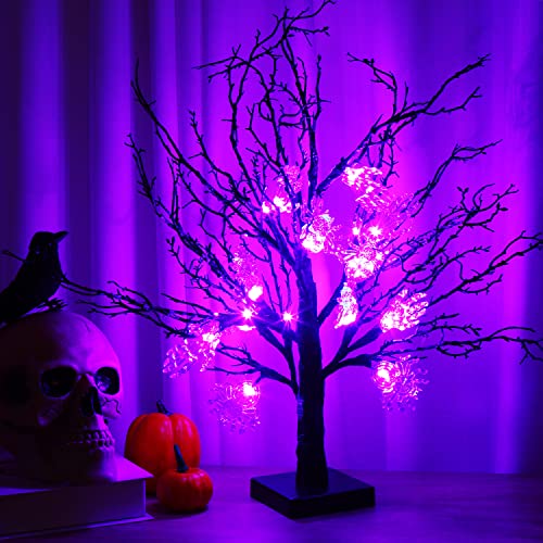 KIMOBER 24 Purple LED Lighted Halloween Tree,Battery Operated Light Up Black Birch Tree with Skeleton Hand Spider Ornaments for Halloween Party,Home Desktop Decorations