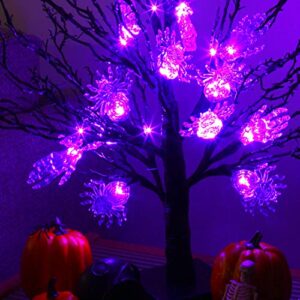 KIMOBER 24 Purple LED Lighted Halloween Tree,Battery Operated Light Up Black Birch Tree with Skeleton Hand Spider Ornaments for Halloween Party,Home Desktop Decorations