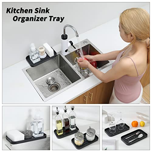 MicoYang Silicone Kitchen Sink Organizer Tray for Multiple Usage,Eco-Friendly Sponges Holder for Kitchen Bathroom Counter or Sink,Dish Soap Dispenser,Scrubber,Bottle,Cup (Black, 10"×5.3")